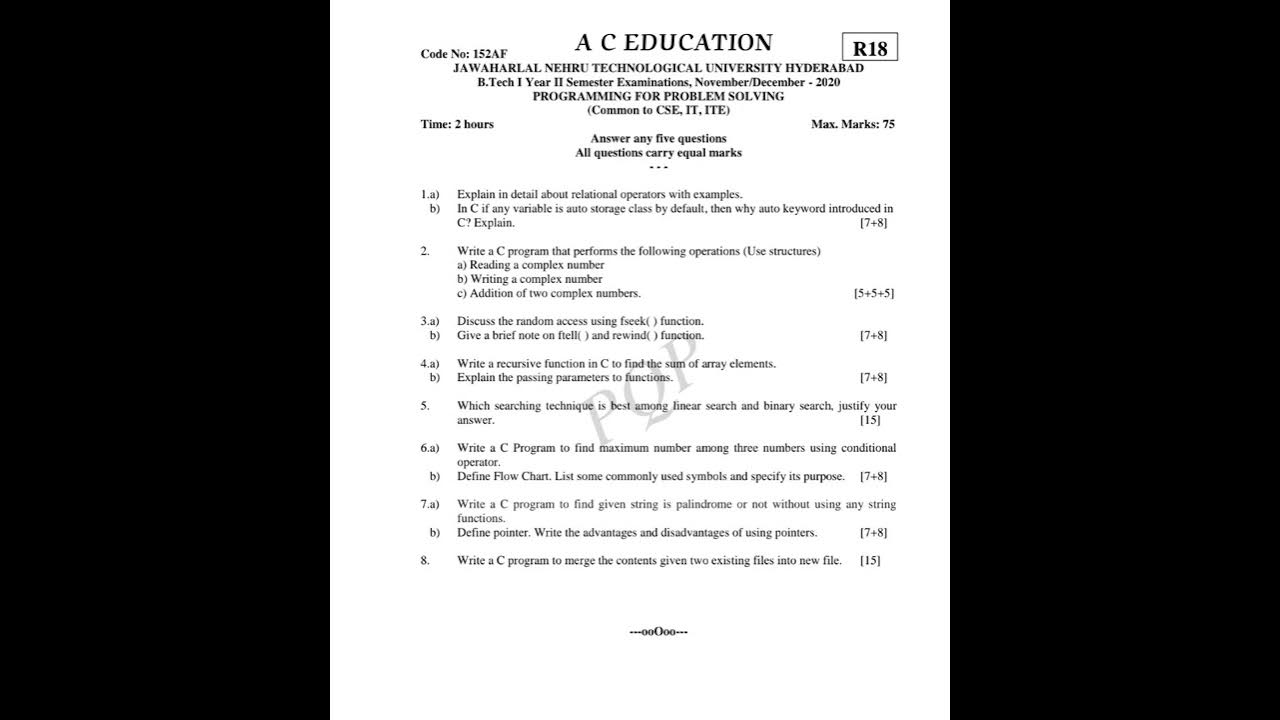 Programming for problem solving previous question paper || JNTUH || A C EDUCATION #4 - YouTube