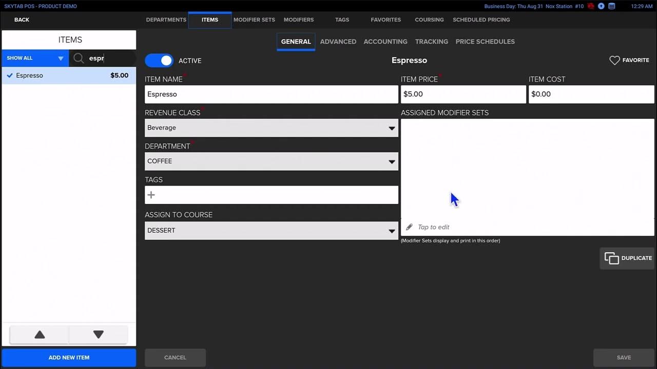 SkyTab POS Modifiers: Connect Modifier Set to Item from Item General ...