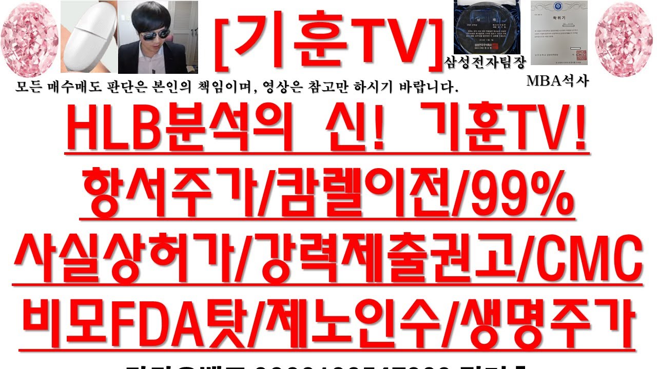 [주식투자]HLB(HLB분석의 신! 기훈TV!/항서주가/캄렐이전/99%사실상허가/강력제출권고/CMC비모FDA탓/제노인수/생명주가) - YouTube