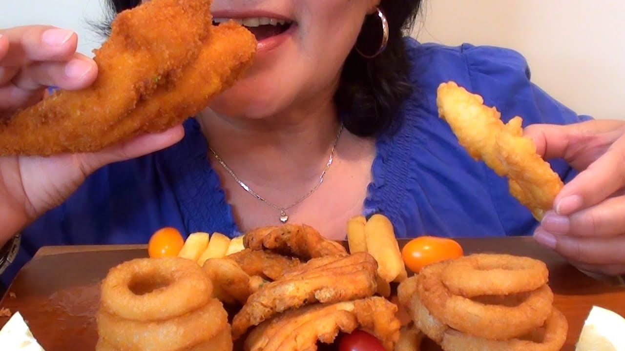 ASMR FISH AND CHIPS | FRIES ONION RINGS | EATING SOUNDS | No talking ...