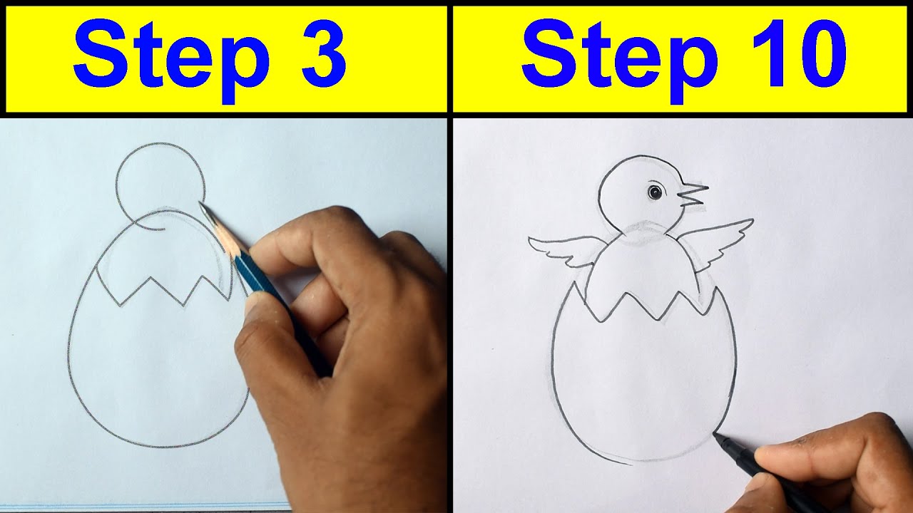 How to Draw a Chick Hatching from an Egg | Easy Line Drawing with ...