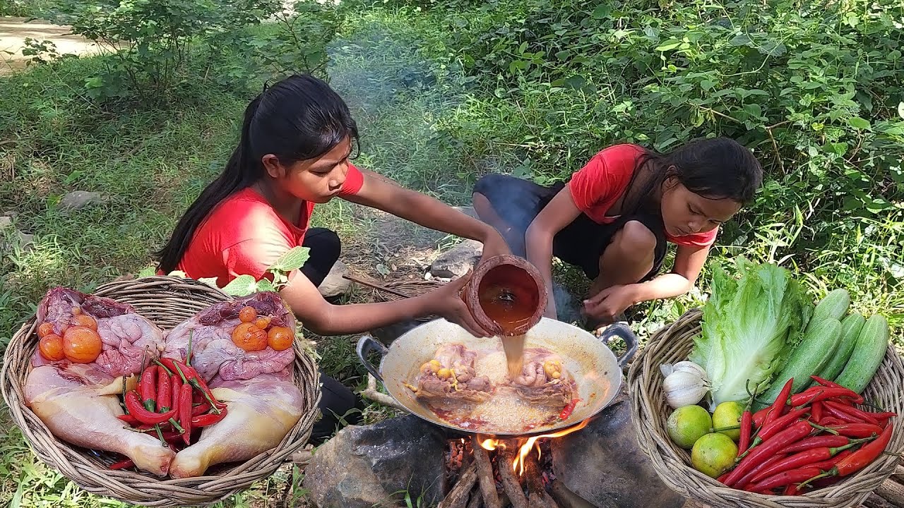 Chicken thigh salad cooking tasty for food in forest, Survival cooking ...
