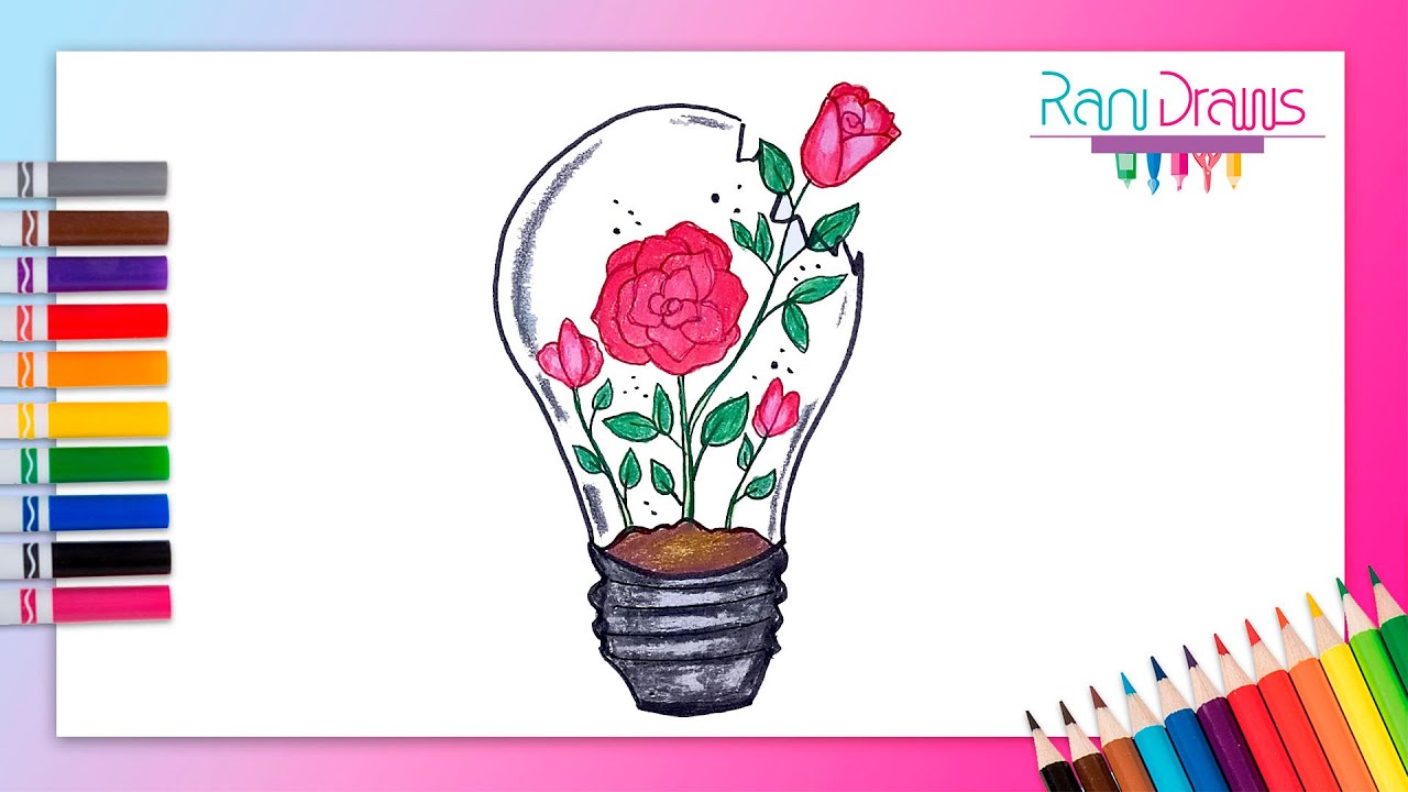 Cómo dibujar un FOCO CON FLORES - ideas de dibujos fáciles Paso a paso ...