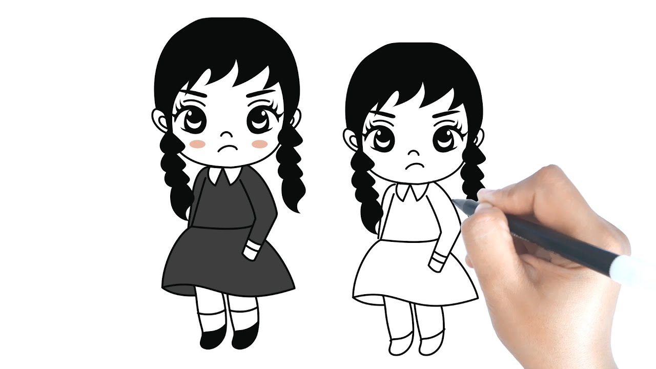 Drawing Cute Wednesday Addams Cartoon Easy Step By Step For Kids - YouTube