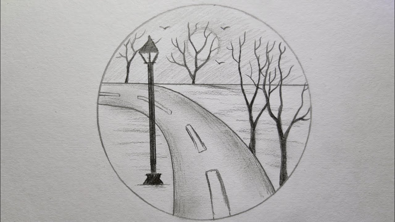 easy road scenery drawing in a circle step by step - YouTube