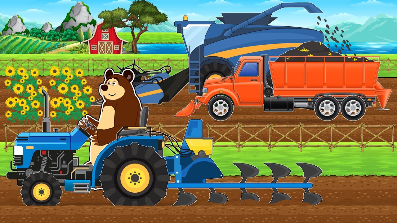Tractor On The Farm - Combine Harvester and Tractor Harvest of ...