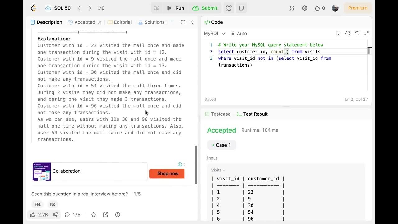 LeetCode SQL 1581: Customer Who Visited but Did Not Make Any Transactions | Full Solution - YouTube