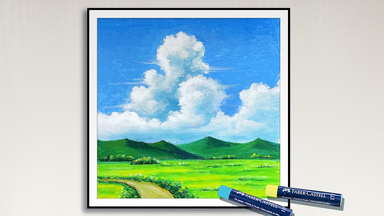 Oil Pastel Landscape | How to draw white clouds and grass with oil ...