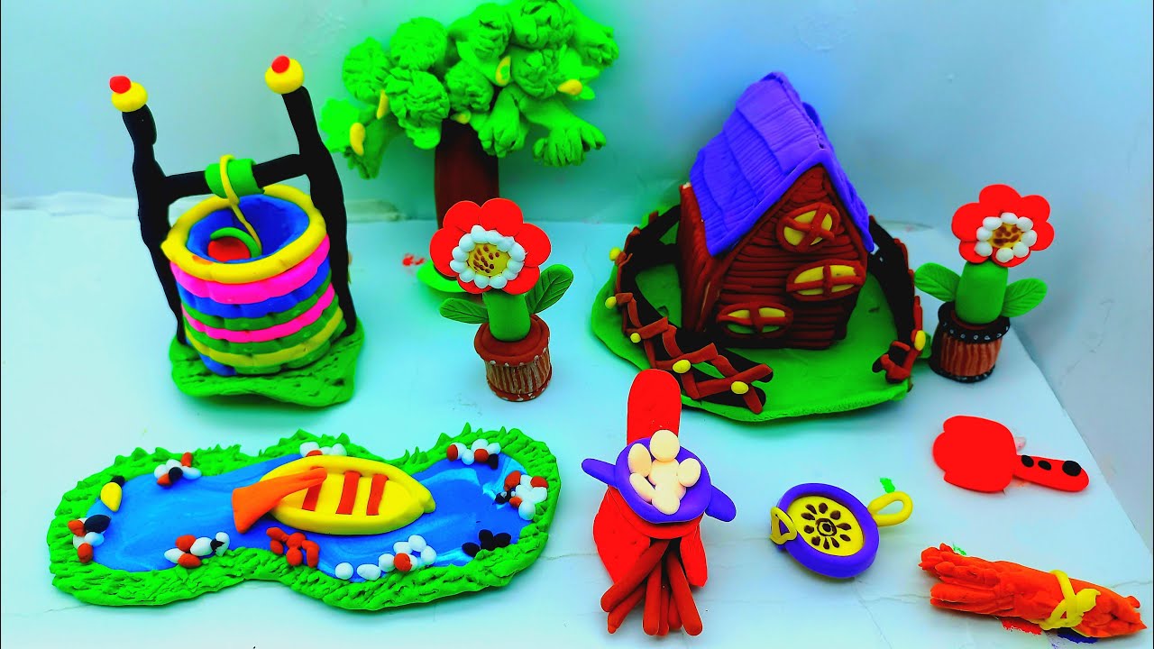 DIY How to make polymer clay village house ,water well, kitchen set ...