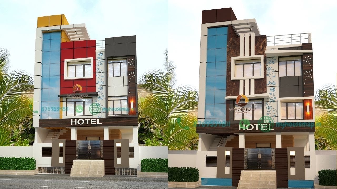 Hotel elevation design in small space modern front in ACP sheet work g+ ...