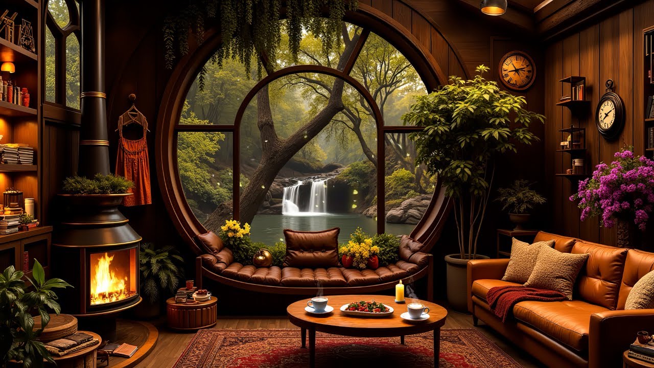 Smooth Morning with Cherry Blooming Lakeside | Warm Campfire & Soothing ...