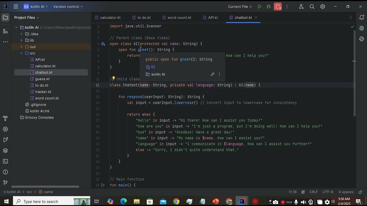 Kotlin AI Developer Course 7. Inheritance : simulate AI conversation ...