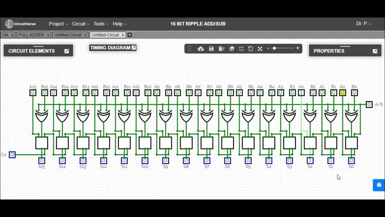 16 bit Ripple Add/Sub by using Full adder and Ex-OR gate: Using CircuitVerse online simulator ...