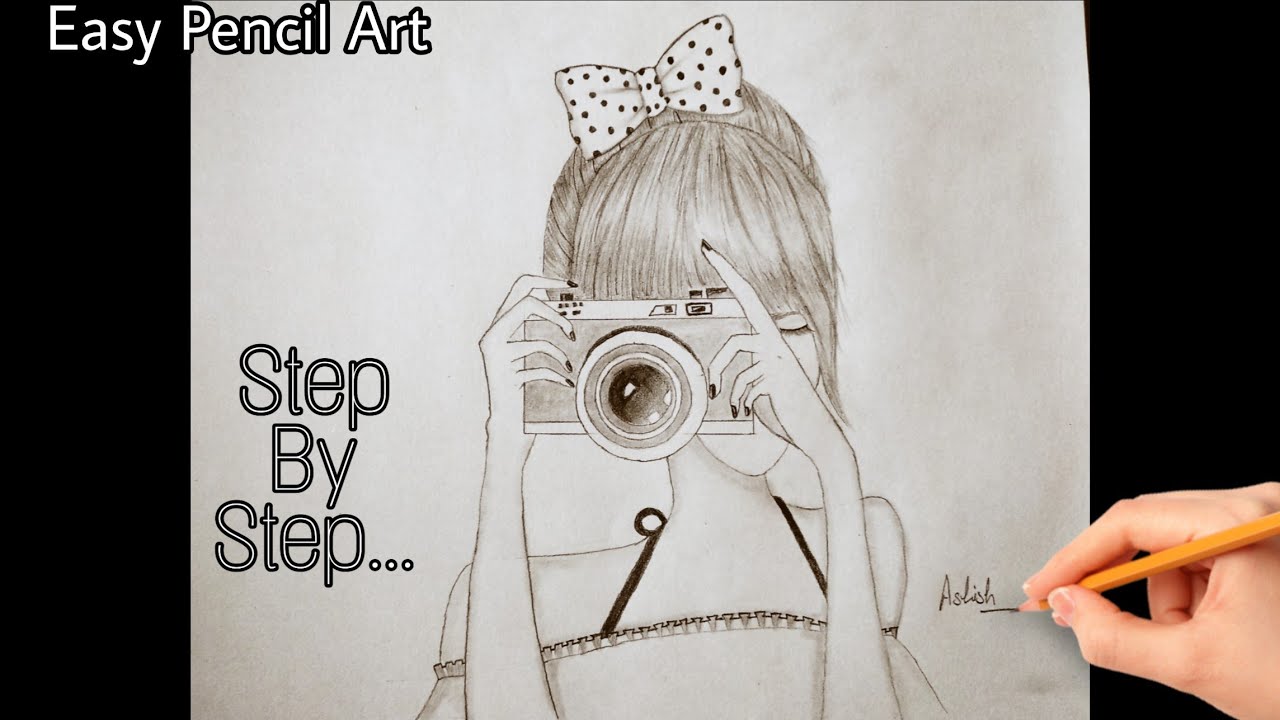 How to Draw A beautiful Girl with camera Drawing | Selfie girl Drawing ...