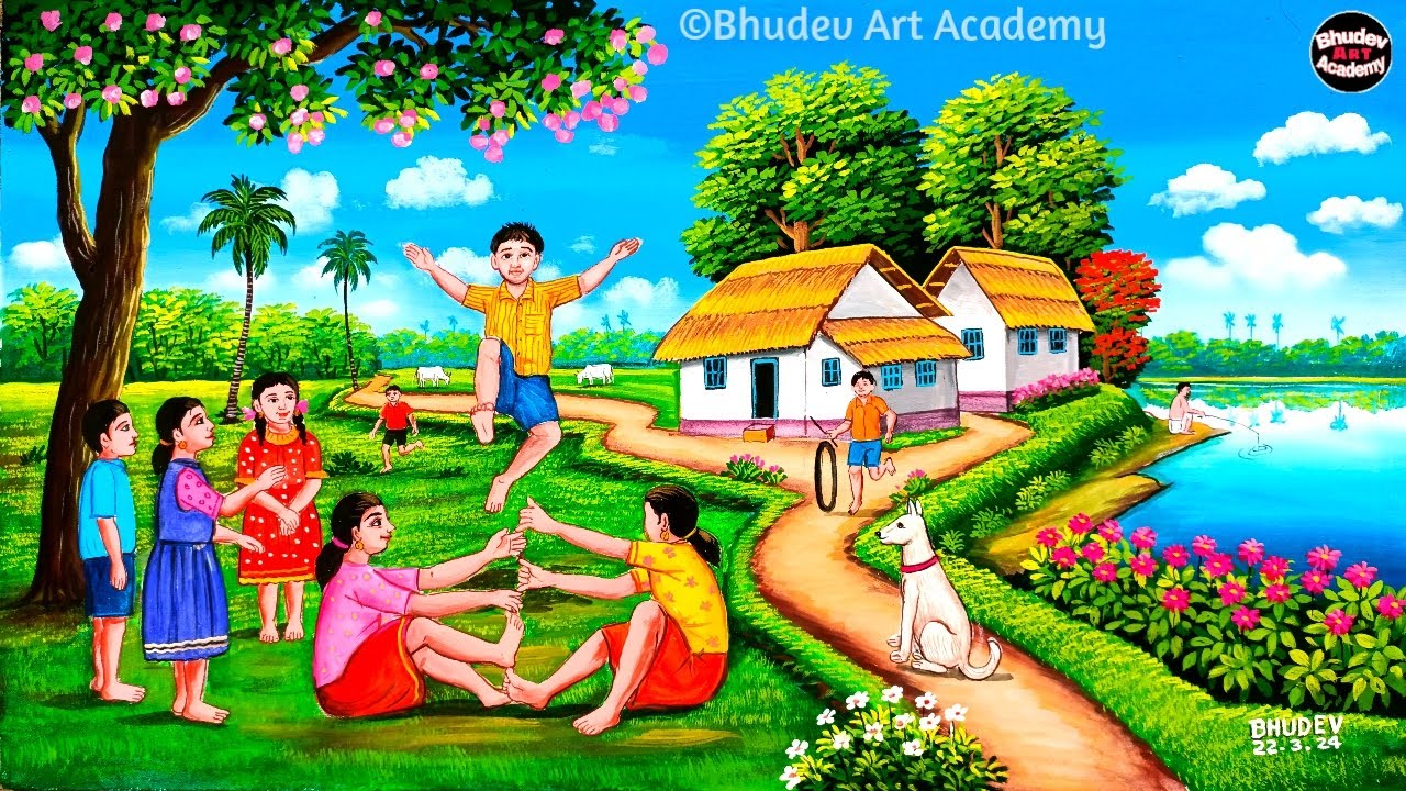 Beautiful Scenery Of Children's Play Painting With EarthWatercolor ...