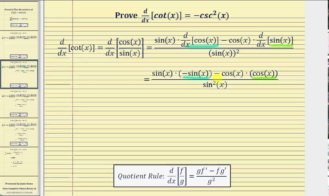 Proof The Derivative Of Cotangent D dx cot x YouTube