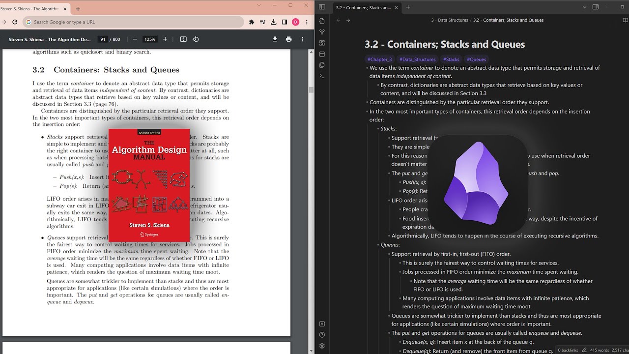 ASMR Typing (No Talking) | Algorithm Design Manual - Chapter 3.2 - Stacks and Queues | Obsidian ...