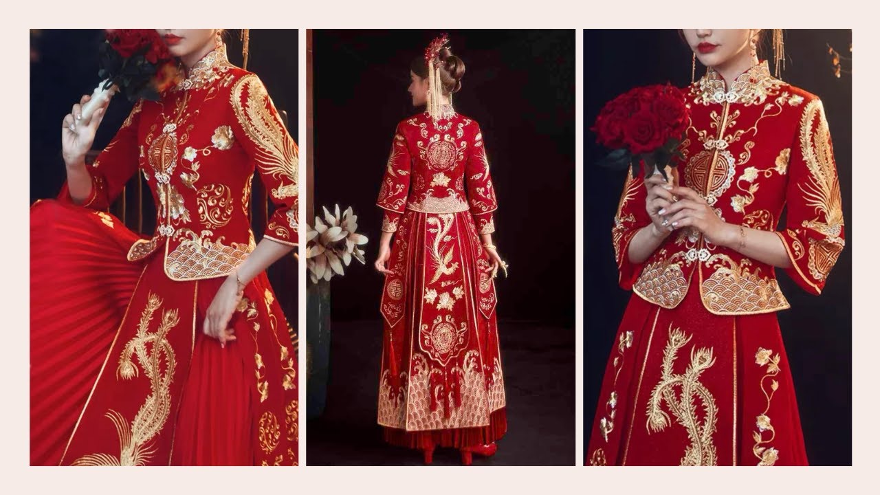 Chinese Wedding Dress with Golden Neckline Patch and Stunning Phoenix ...