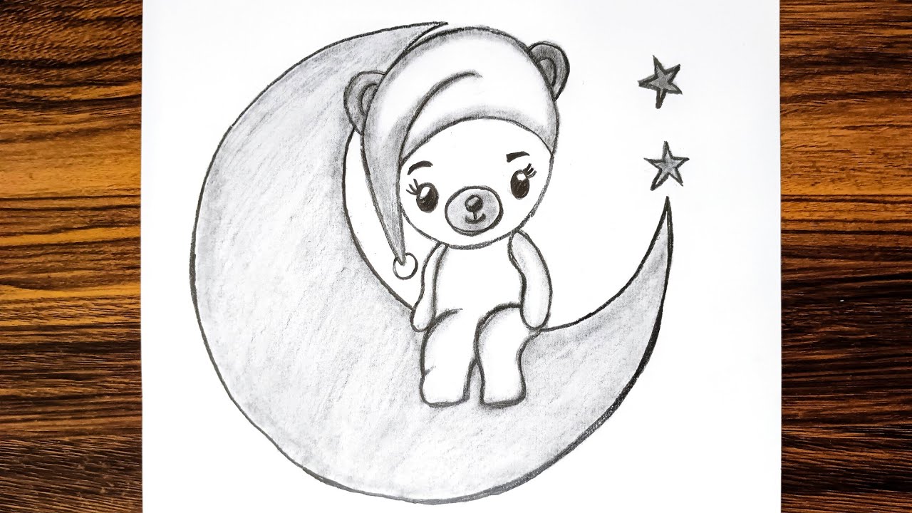 How to draw a cute teddy bear sitting on moon | Teddy bear Drawing ...