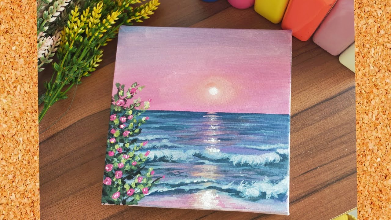 BASİT AKRİLİK BOYA TUVAL ÇALIŞMASI/ Günbatımı / Deniz Manzarası Çizimi ...