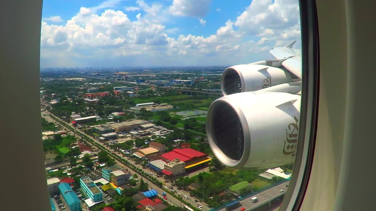 Emirates Airbus A380 WING VIEW Landing at Bangkok Suvarnabhumi Airport ...