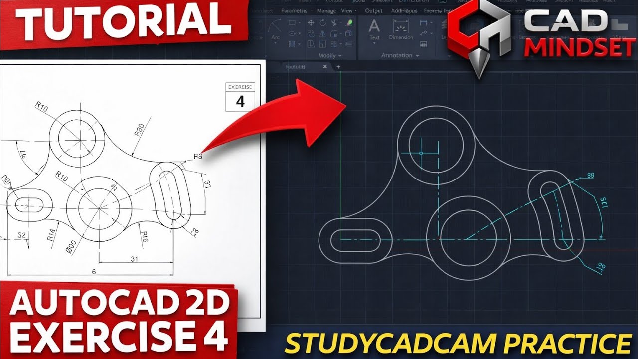 AutoCAD 2D Exercise 4 Tutorial | STUDYCADCAM Practice | CAD Mindset ...