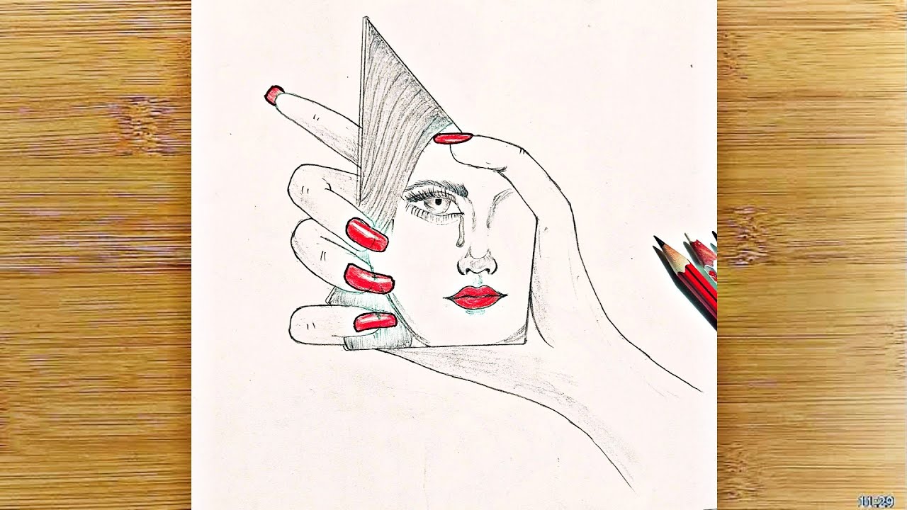 How to draw a sad girl's face reflected on mirror -step by step || A ...