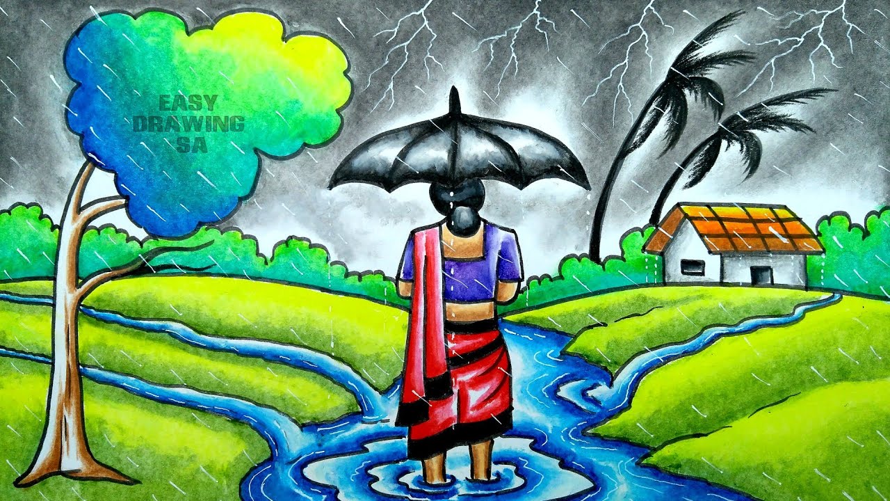 বৃষ্টির ছবি আঁকা/rainy day drawing/rainy season drawing/বর্ষাকালের ...