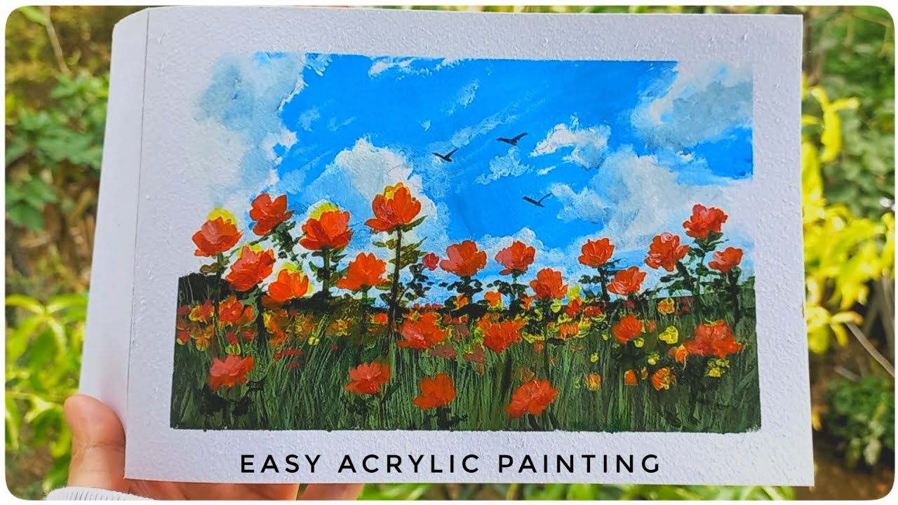 Easy Acrylic Flower Landscape Painting | Melukis Pemandangan Bunga ...