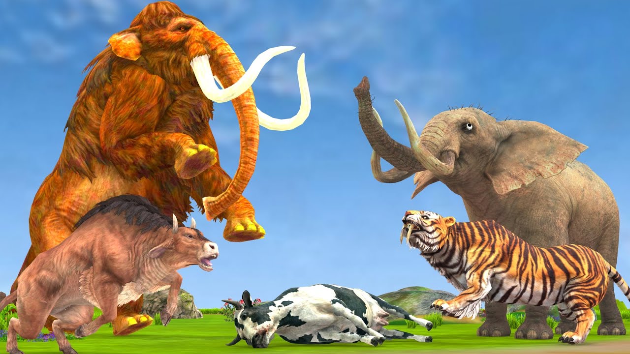 2 Giant Bulls Vs Tiger Attack Cow Cartoon Woolly Mammoth Fight African ...