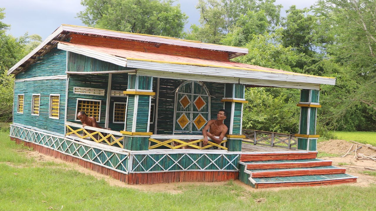 29 Days to build beautiful simple bamboo house & mud stove for cooking ...