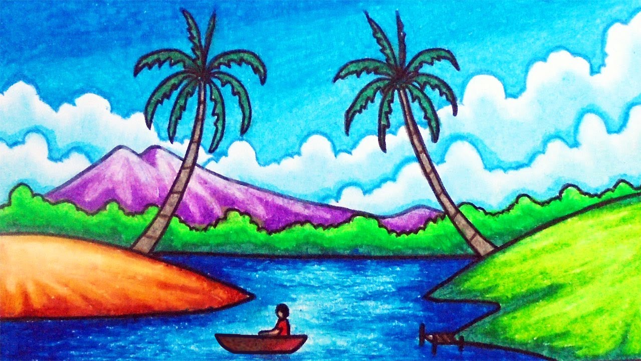 How To Draw Easy River and Mountain Scenery With Oil Pastel | Drawing ...