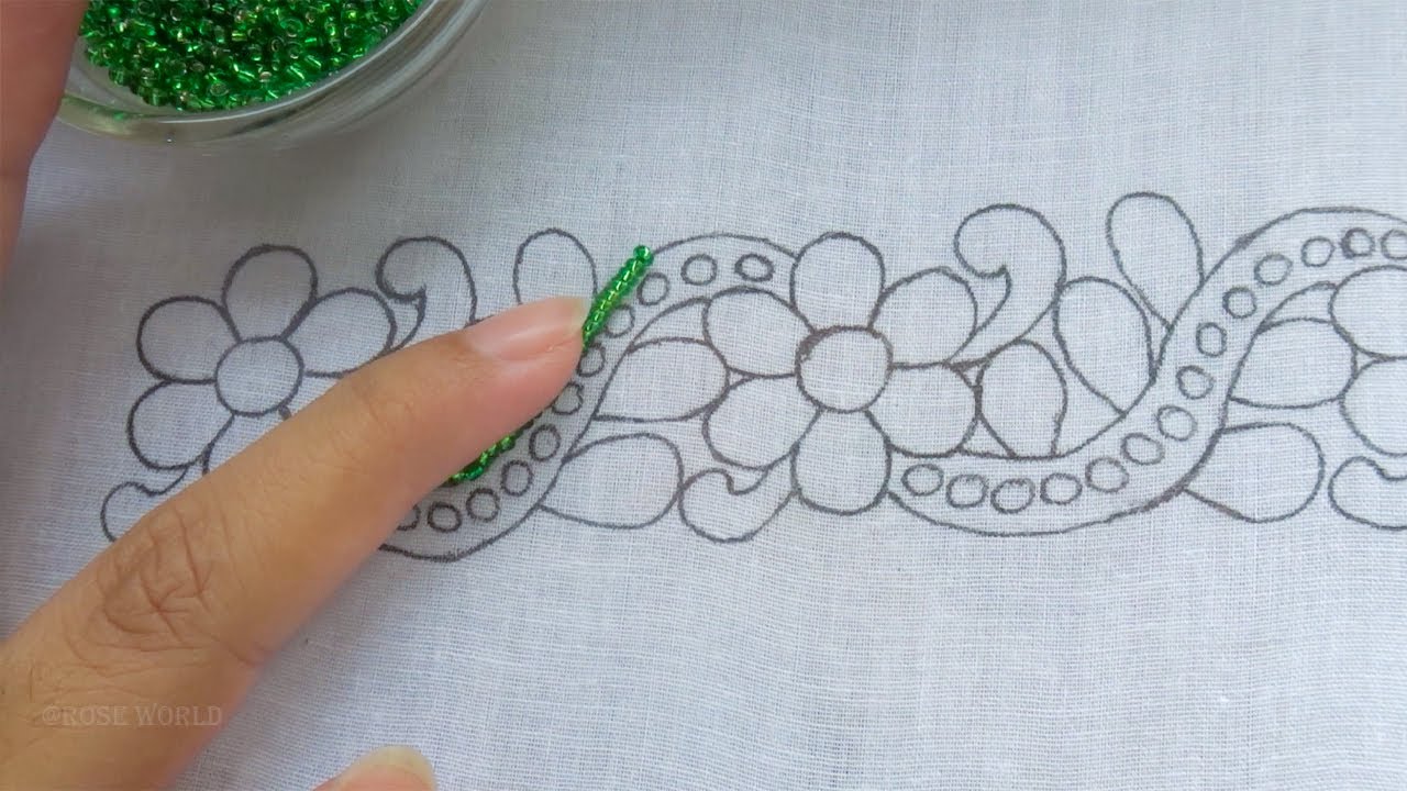 #Beaded hand embroidery, pearl beads work border design for beautiful ...