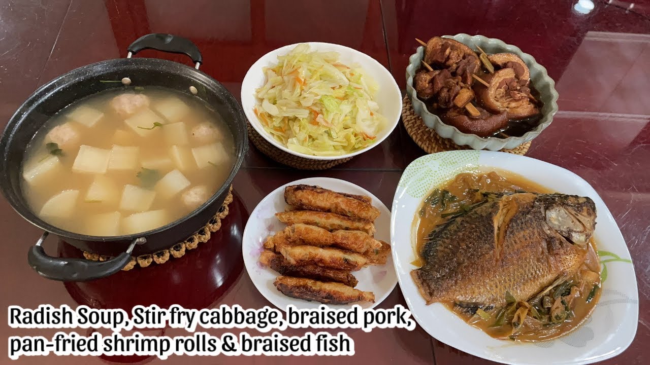 Cooking Radish soup, Braised Tilapia Fish, stir fry cabbage, shrimp ...