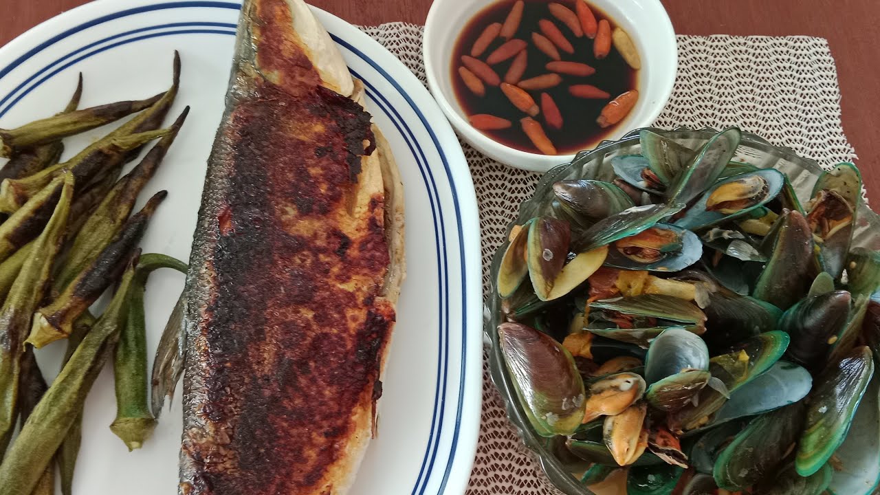 #8SC..Let's Grilled Milk fish,okra and cook Mussel for Lunch #Seafoods# ...