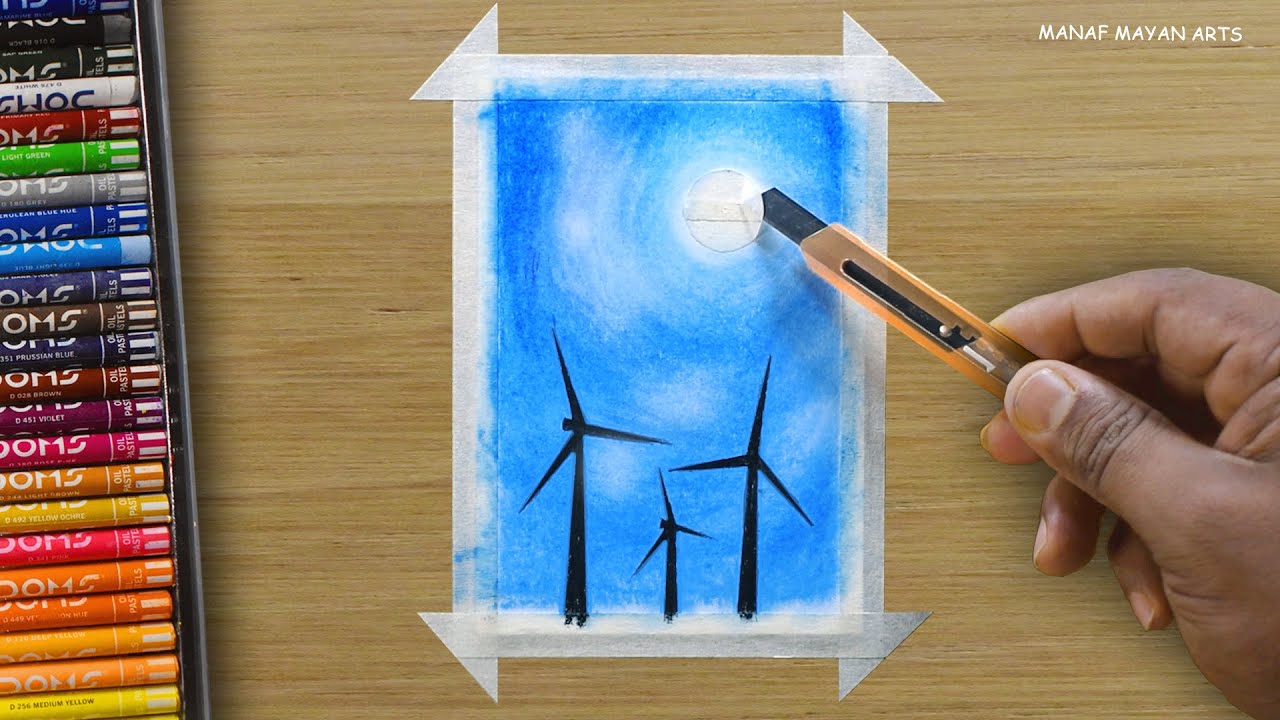 Simple Windmill Moon Light Drawing for Beginners with Oil Pastels ...