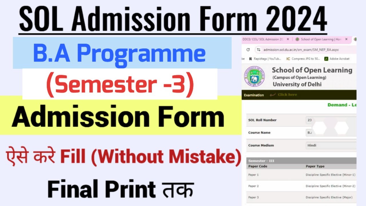 How To Fill DU SOL 3rd Semester Admission Form 2024 | Sol BA Programme ...