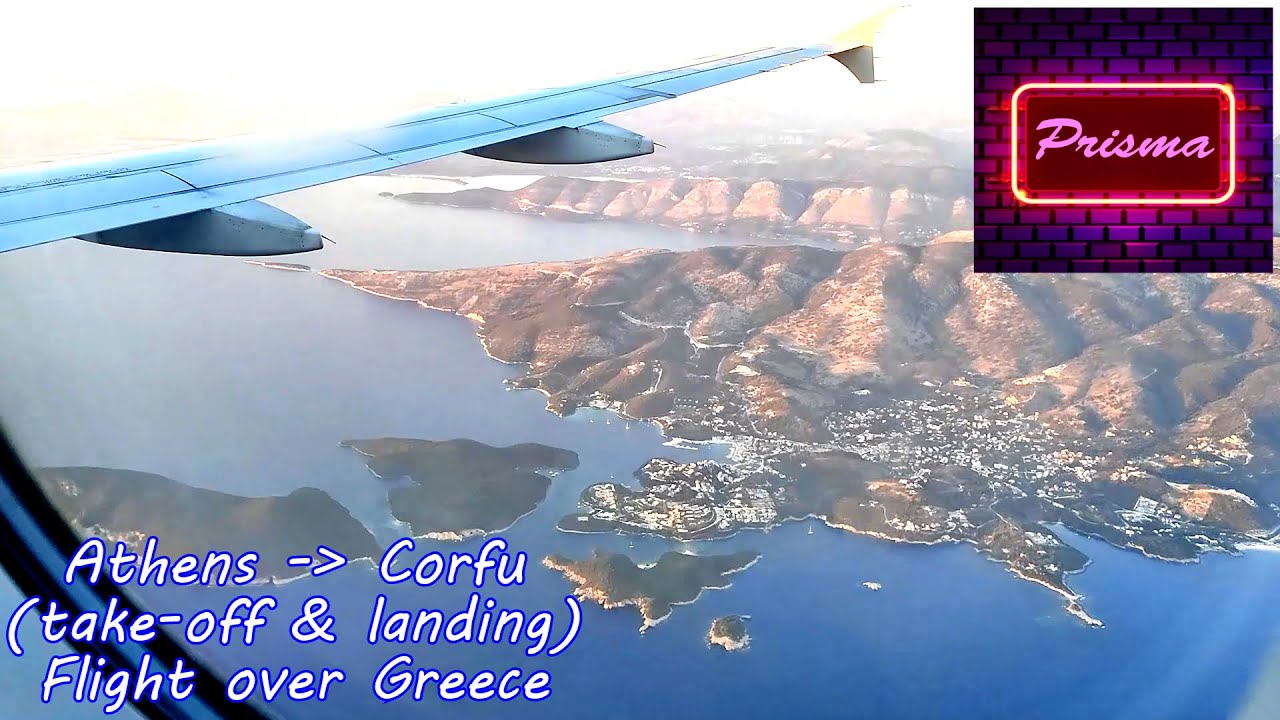 Athens to Corfu (Take-off & Landing), flight over Greece on a beautiful ...