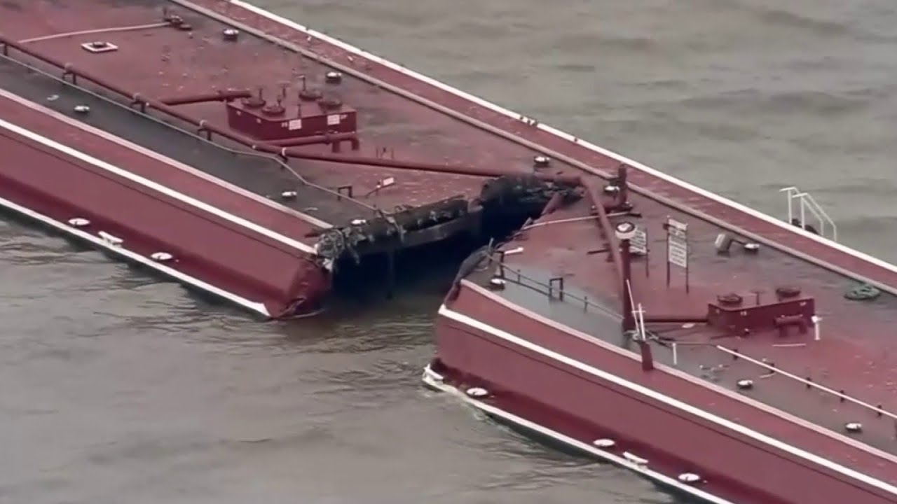 Ship collides with two barges in ship channel - YouTube