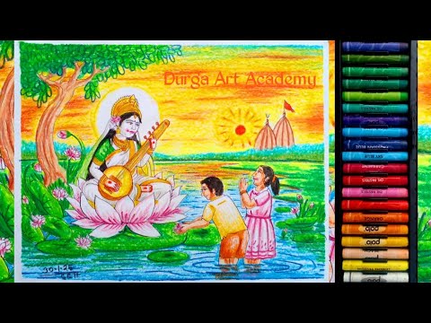 Vasant Panchami Utsav Drawing / Saraswati Puja Drawing With Oil Pastel ...
