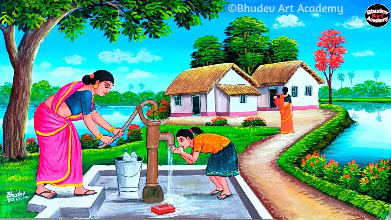 Beautiful Village Landscape Scenery Painting Tutorial|Village Scenery ...