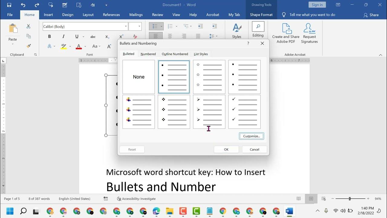 Microsoft word shortcut key How to Insert Bullets and Number - YouTube