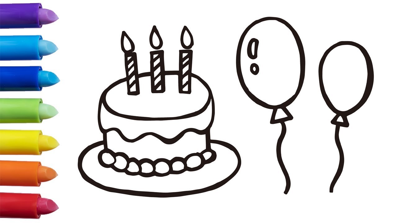 Birthday cake ( ballon & gift box & birtday card ) coloring and drawing ...