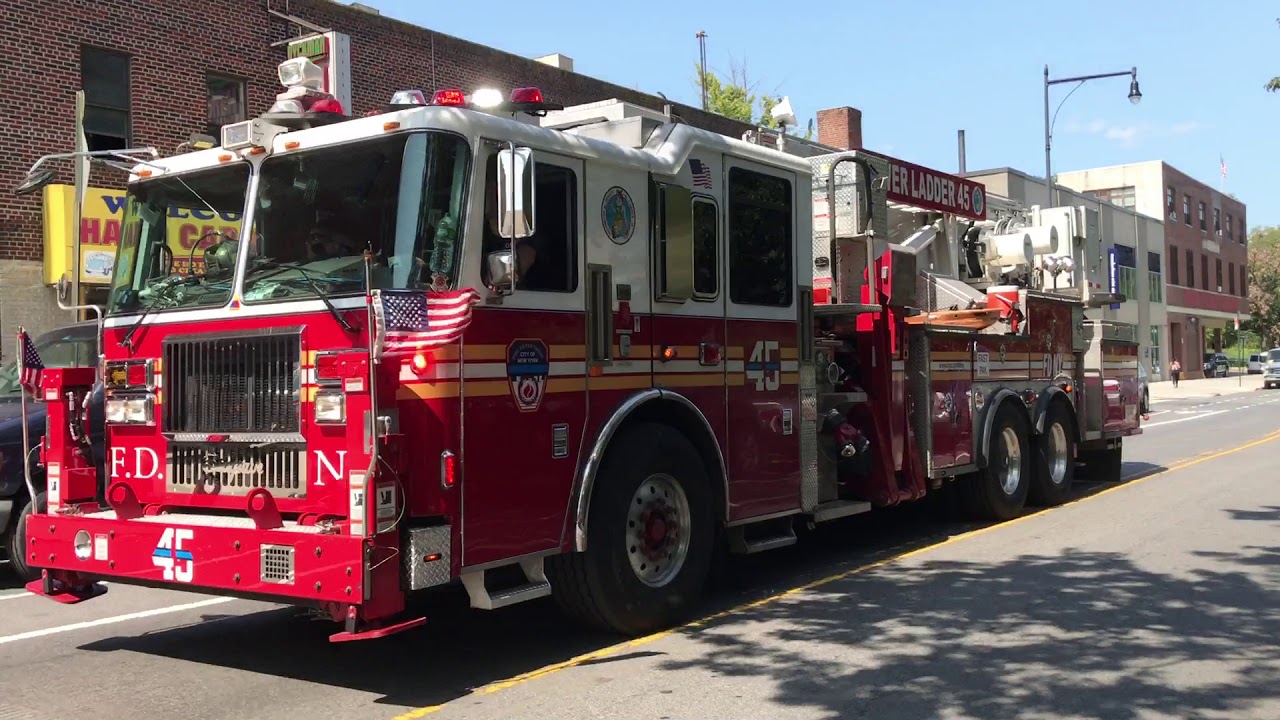 FDNY TOWER LADDER 45 RESPONDING ON DYCKMAN AVENUE IN THE INWOOD AREA OF ...