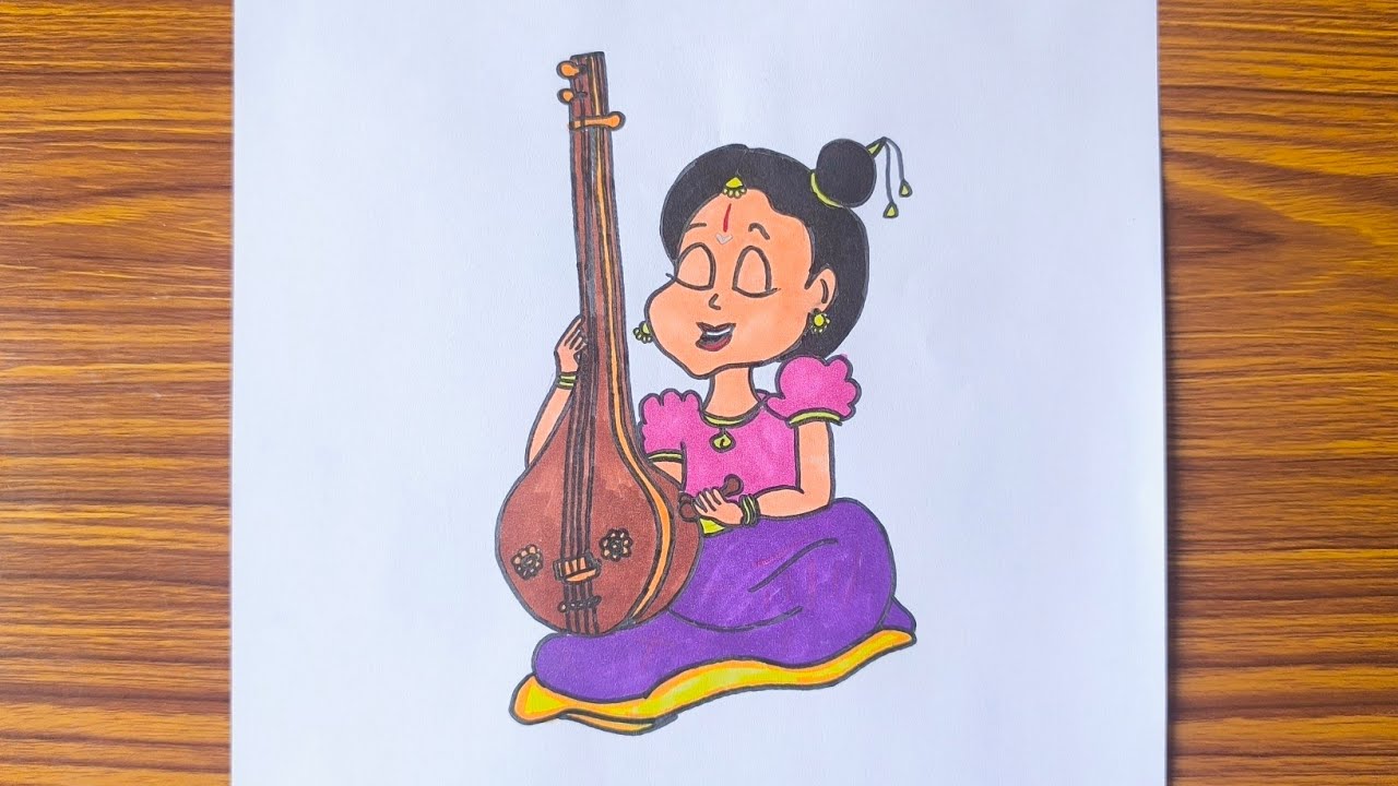 🎶 How to Draw a Cute Indian Classical Singer with Veena 🎨🎻 | Easy Step ...