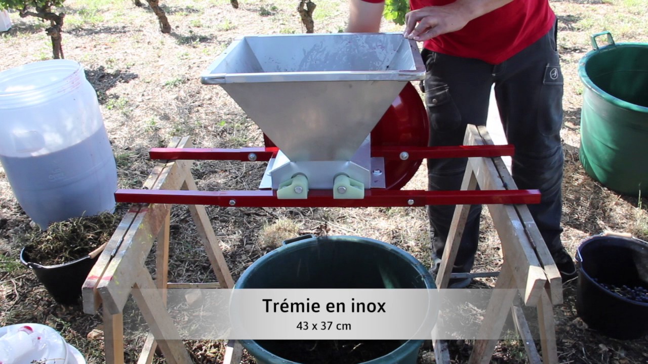 Foulage du raisin avec le petit fouloir Tom Press - YouTube