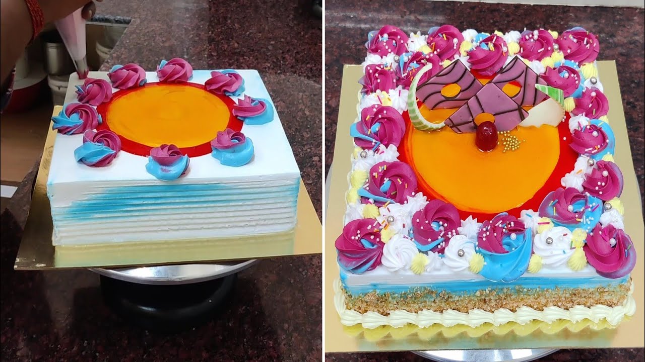 Square Cream Cake with Rose l Nozzle Design Design Cake| Best Colour ...
