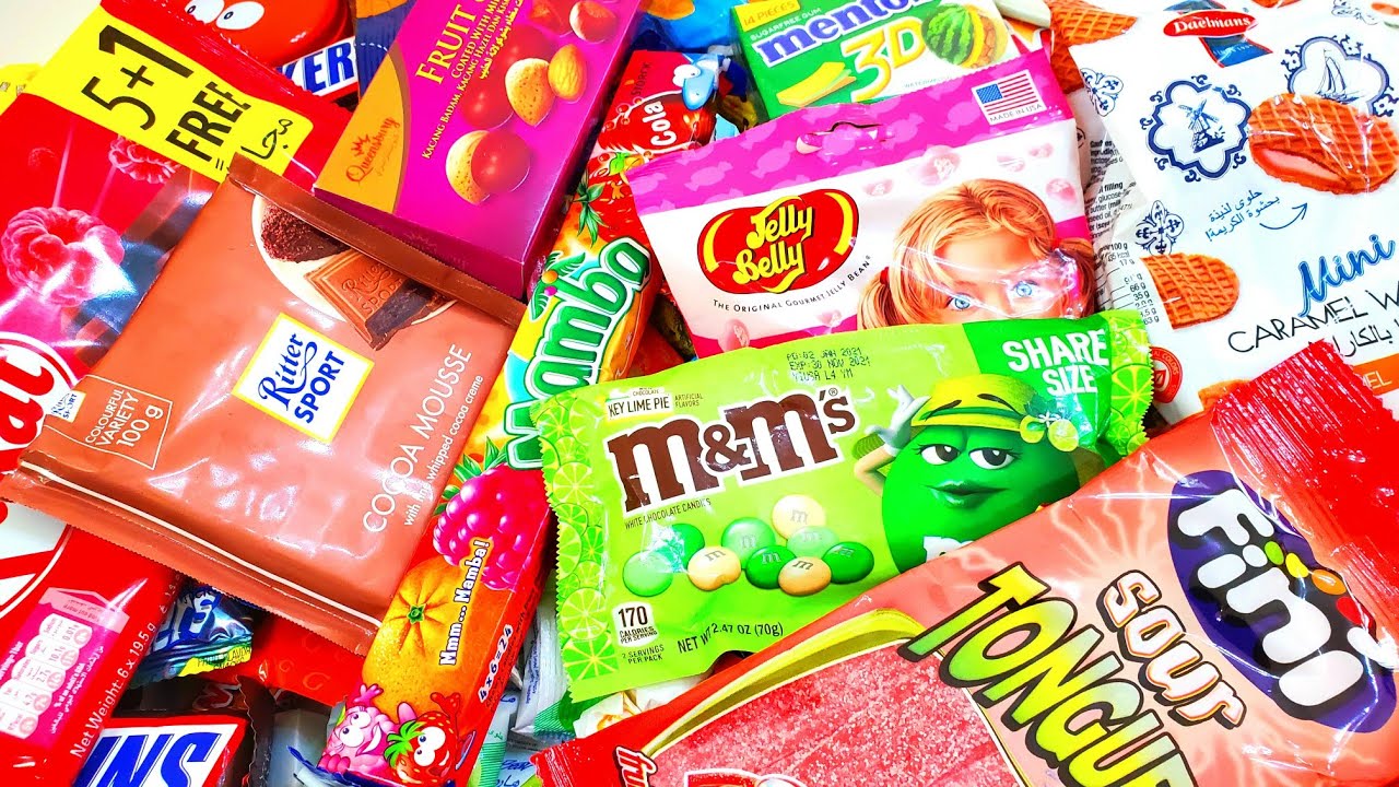 Snack Opening New M&M's Candy jelly belly sour tongues Kit kat mamba ...