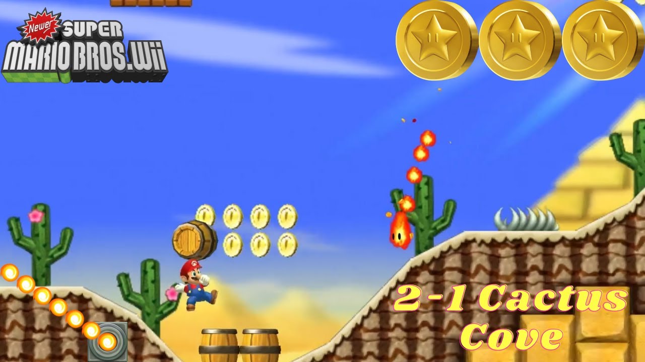[Newer Super Mario Bros. Wii] 2-1 Cactus Cove All 3 Star Coins 100% ...