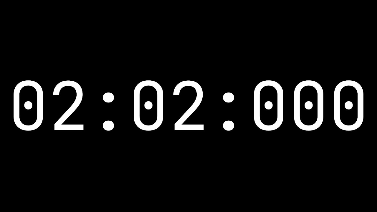 Countdown timer 2 minutes, 2 seconds [02:02:000] - White on black with ...